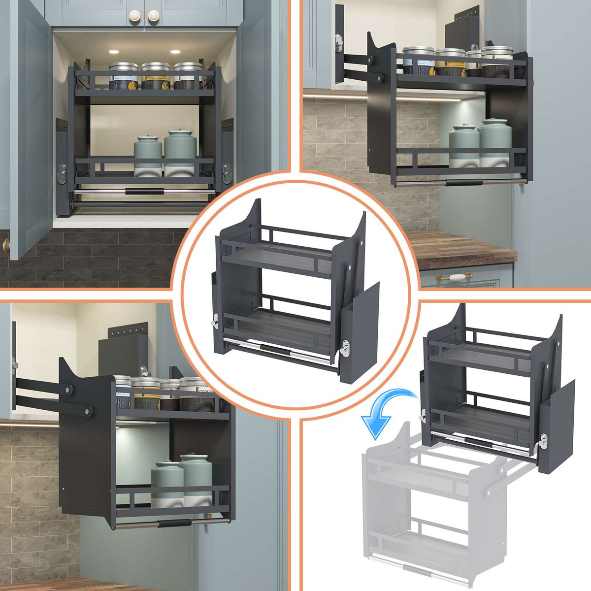 Hokku Designs Two Tier Pull Down Shelf Upper Kitchen Wall Cabinet Storage Organizer | Wayfair